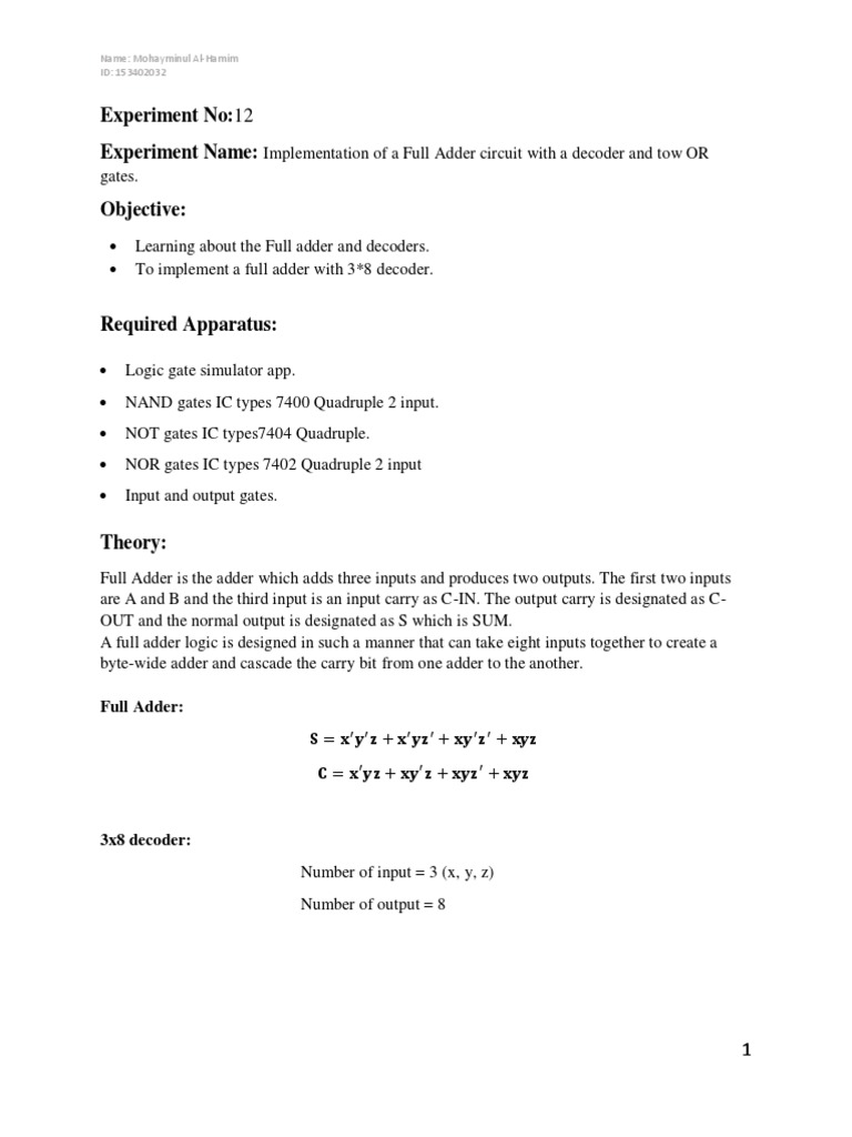 Implementation Of A Full Adder Circuit With A Decoder And Tow Or Gates