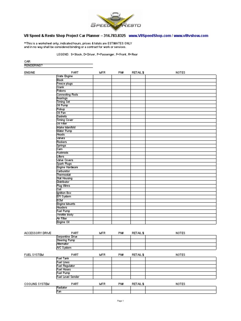 V8 Project Car Planning Worksheet | PDF