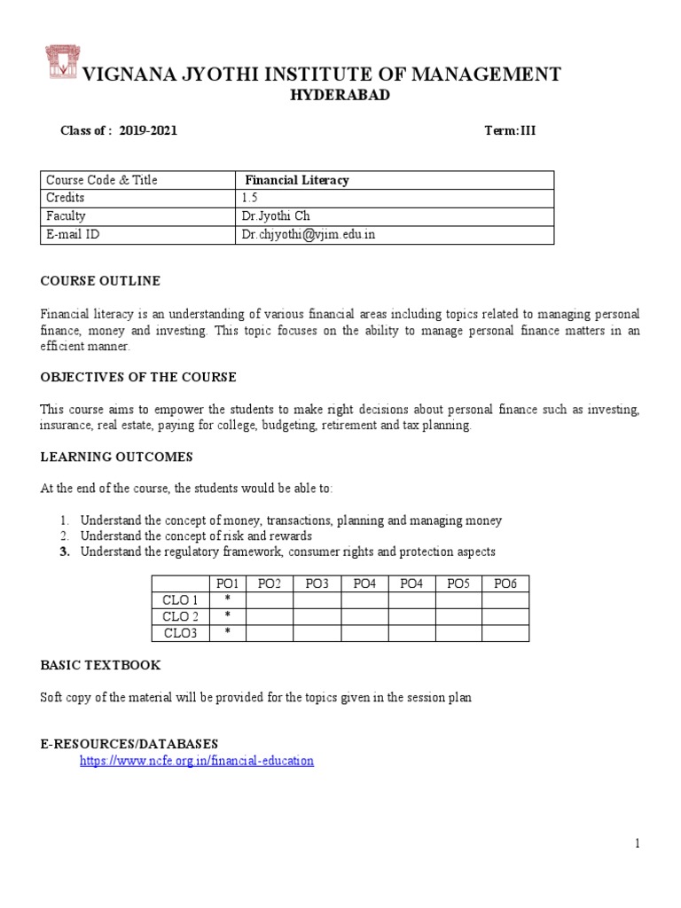 Financial Literacy Syllabus | Download Free PDF | Textbook | Financial ...