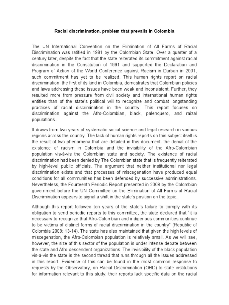 Racial Discrimination, Problem That Prevails in Colombia | PDF ...