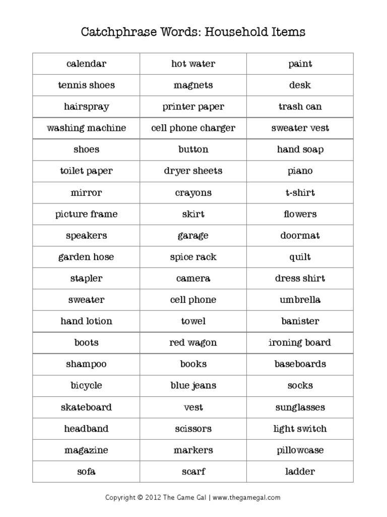 Catchphrase Words Household Items PDF | PDF | Home | Manufactured Goods