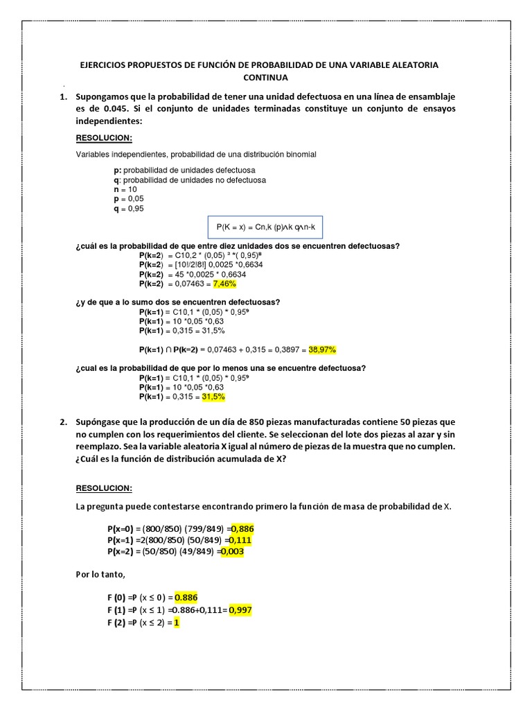 Ejercicios propuestos de funciones de probabilidad de variables aleatorias continuas y discretas ...