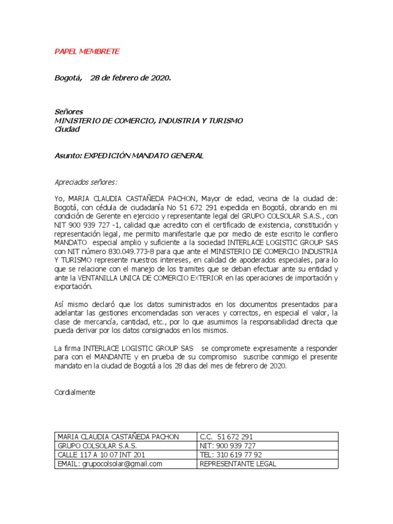 Mandato Vuce Interlace Logistic Group Sas (18729) | PDF