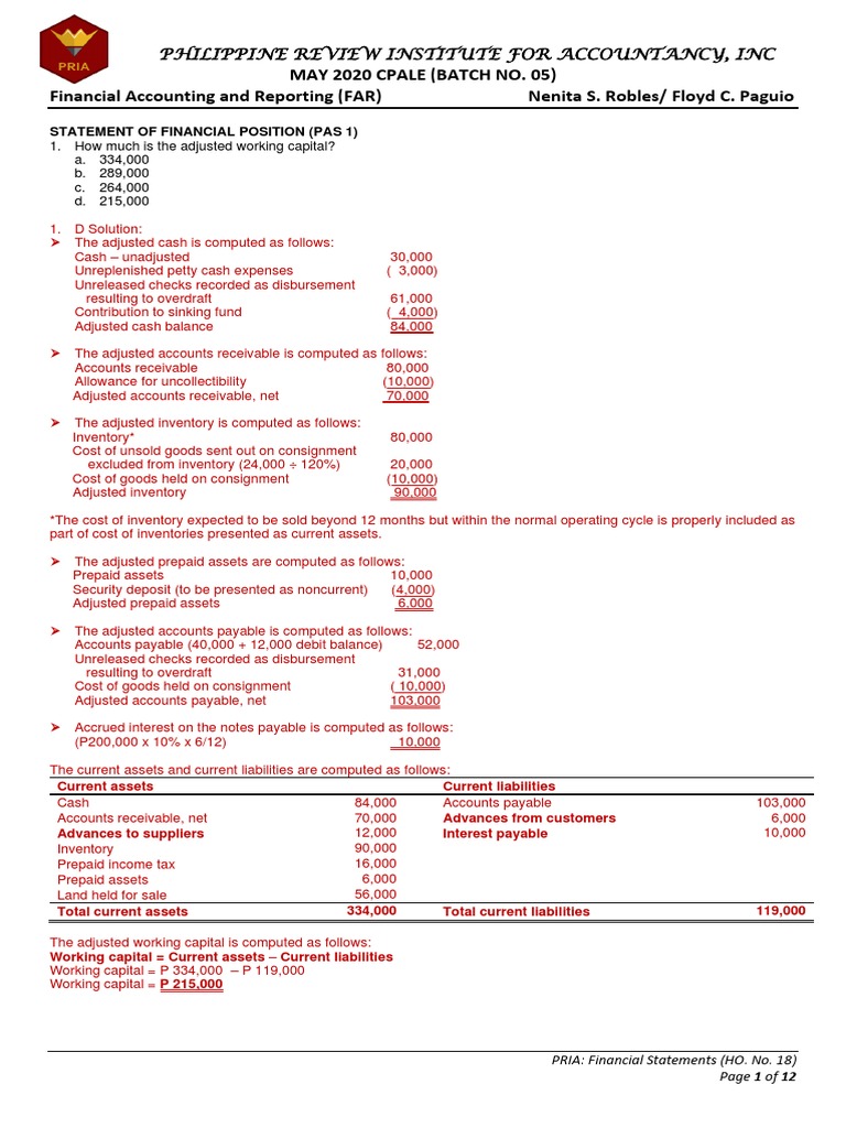 CPALE FAR STATEMENT OF FINANCIAL POSITION | PDF | Working Capital ...