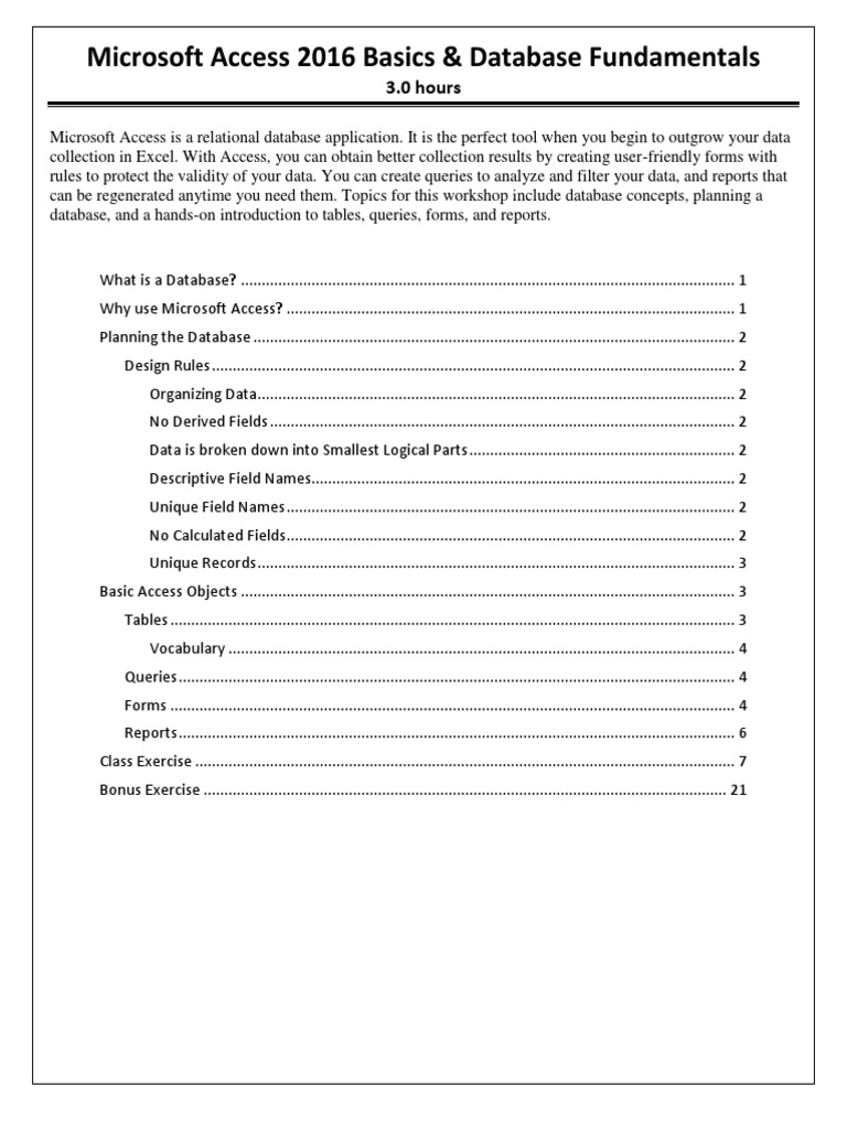 Microsoft Access 2016 Basics & Database Fundamentals: 3.0 Hours | PDF | Microsoft Access | Databases