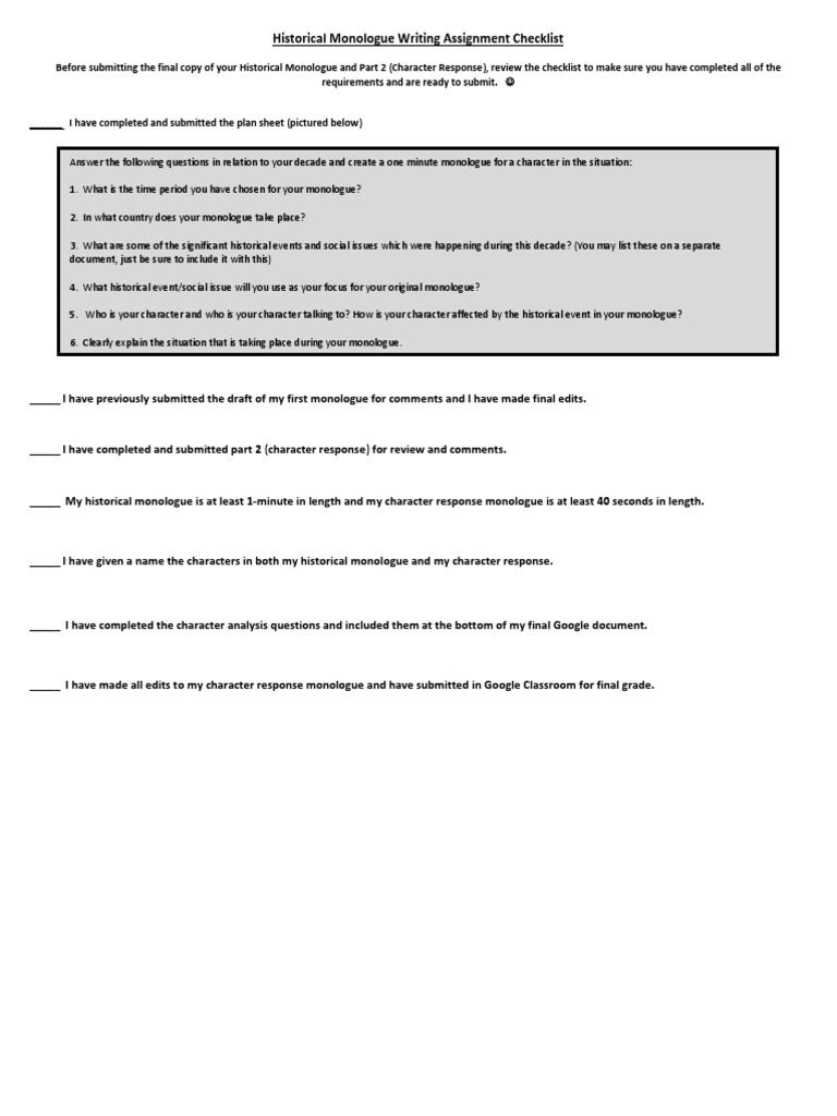 Historical Monologue Writing Assignment Checklist Fund of Acting | PDF
