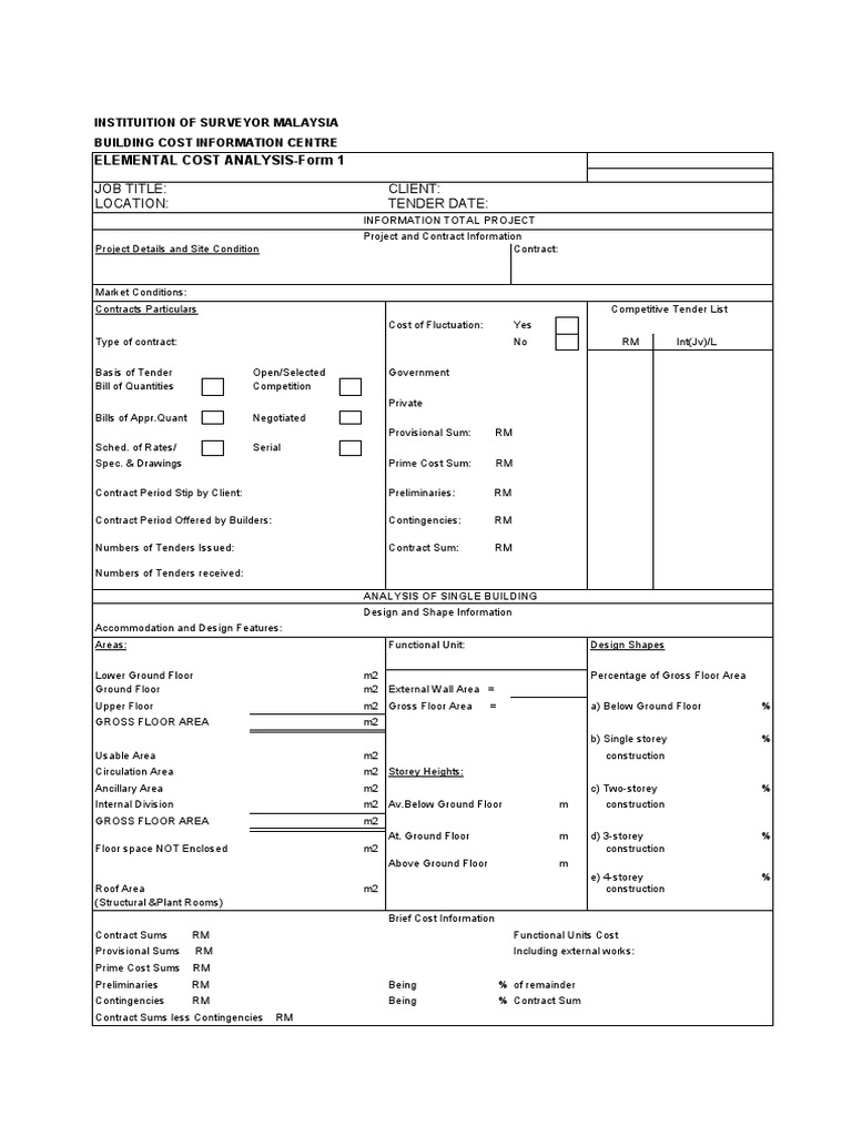 Elemental Cost Analysis Form 1 Job Title Client Location Tender