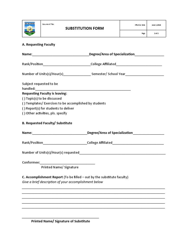 Substitution Form: Document Title: Effective Date | PDF