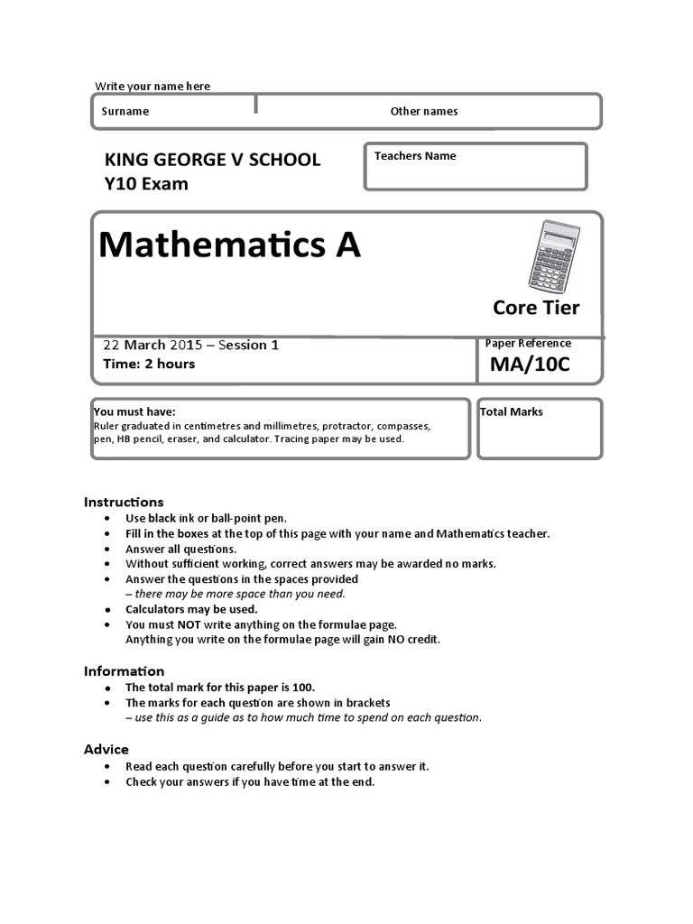 Mathematics A: King George V School Y10 Exam | PDF | Triangle | Geometry