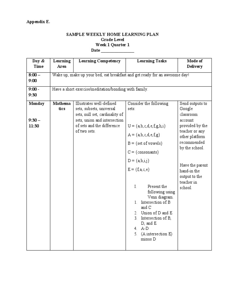 Weekly Home Learning Plan (Sample Template) | PDF | Inclusion ...
