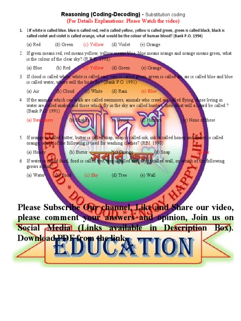 Reasoning Coding Decoding Part 6 - Substitution Coding - Adarsha Education | PDF