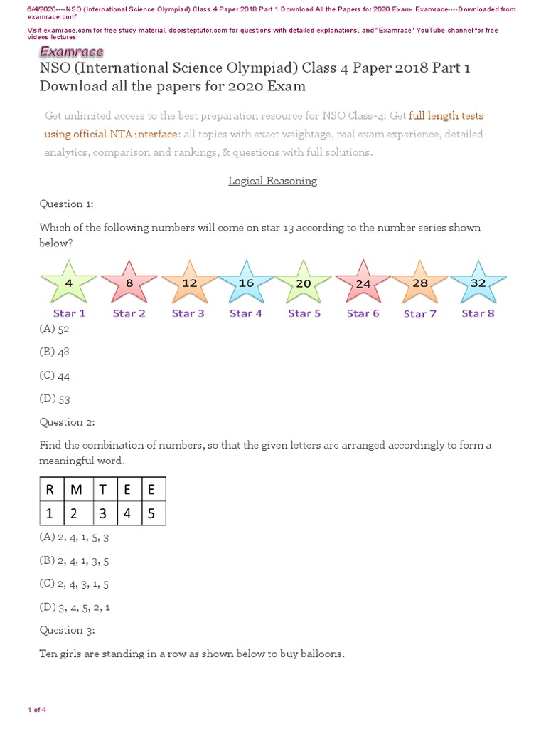 NSO Class 4 Previous Question Papers | PDF | Games & Activities