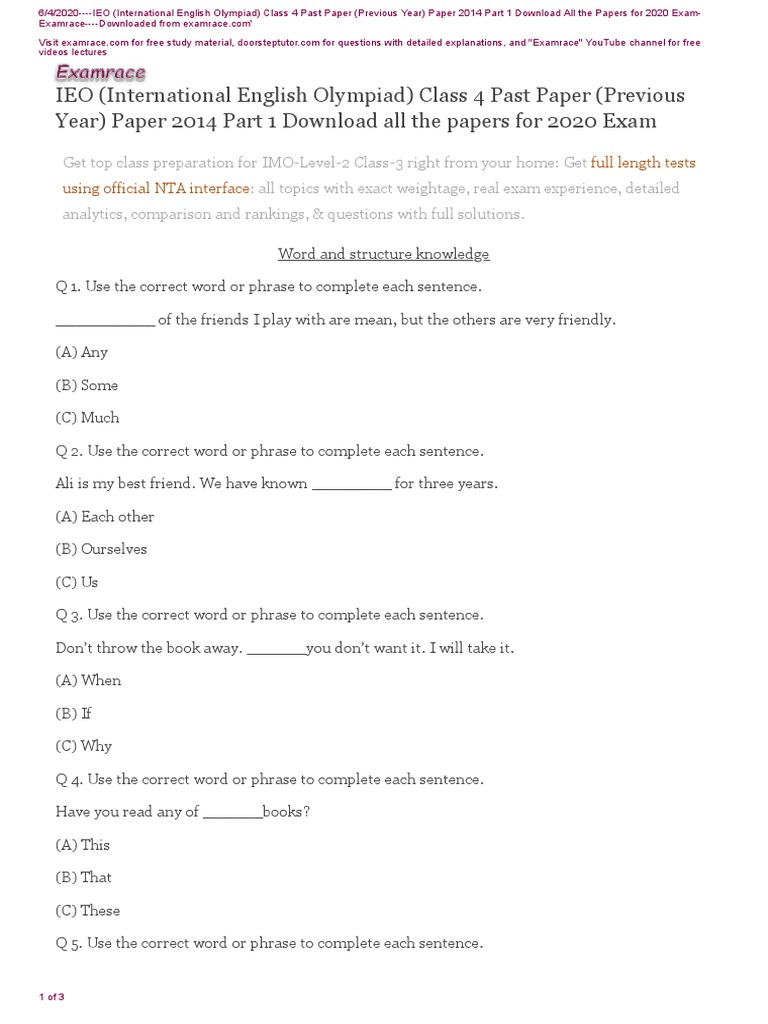 IEO (International English Olympiad) Class 4 Past Paper (Previous Year ...