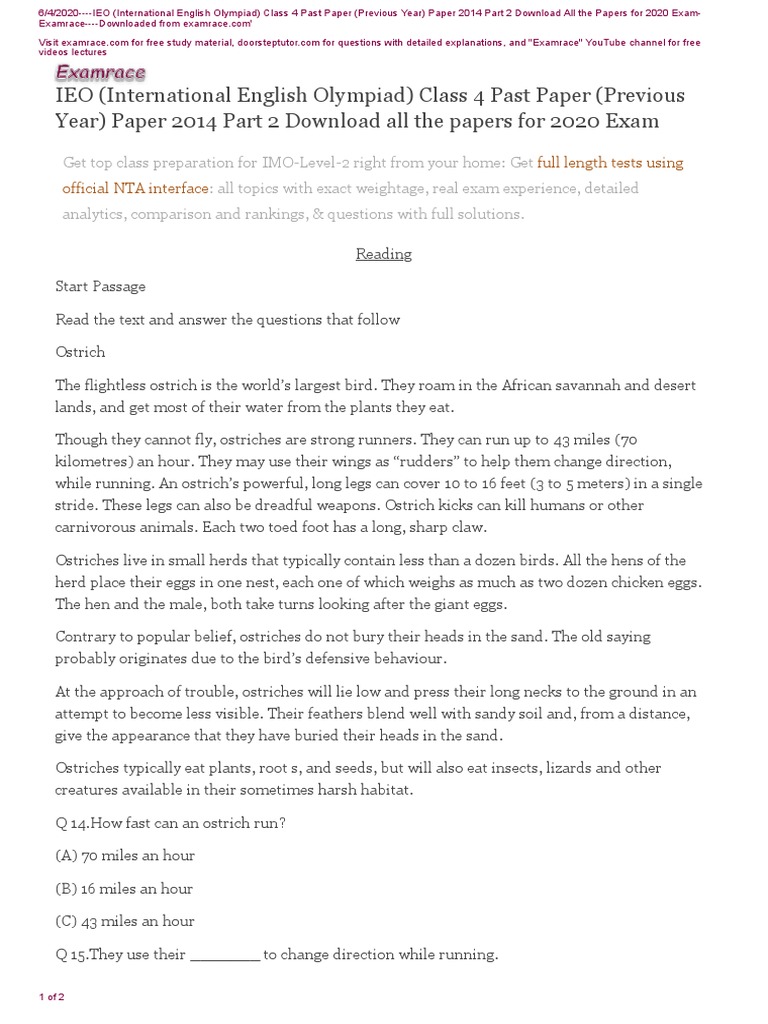 IEO (International English Olympiad) Class 4 Past Paper (Previous Year ...
