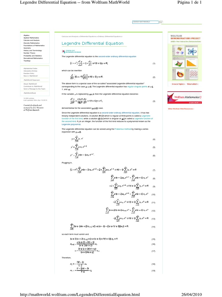 Mathworld - Wolfram.com LegendreDifferentialEquation PDF | PDF ...