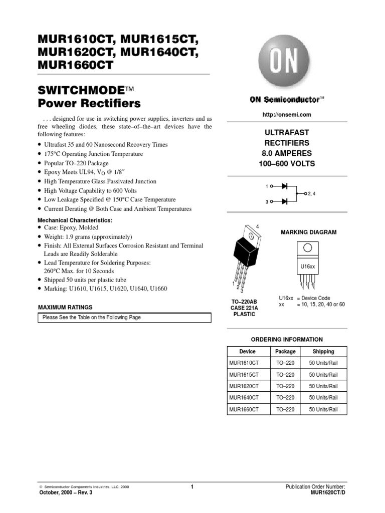 (MUR1620CT-D) Ultrafast Rectifier PDF | PDF | Diode | Rectifier