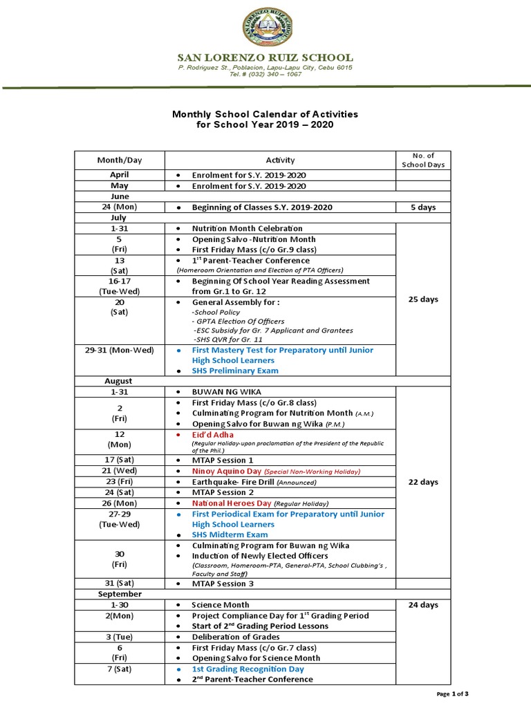 School Calendar of Activities | PDF | Schools | Behavior Modification