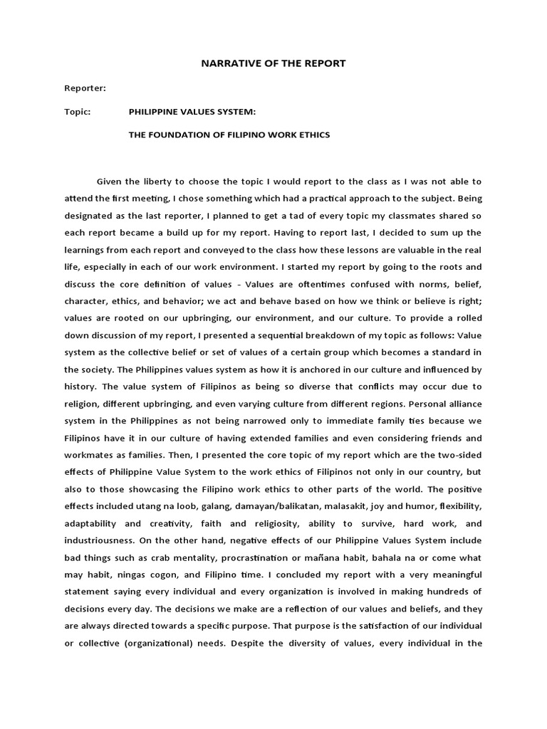 Narrative of The Report: Philippine Values System: The Foundation of ...