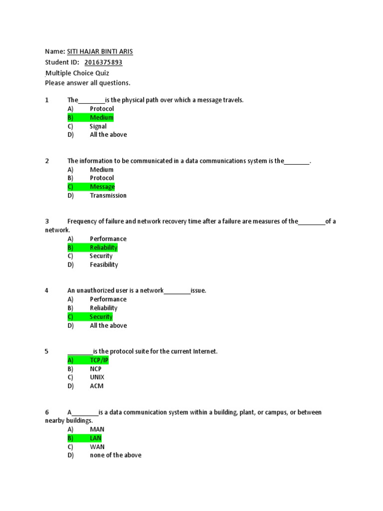 Multiple Choice Quiz on Networking Fundamentals for Student SITI HAJAR ...