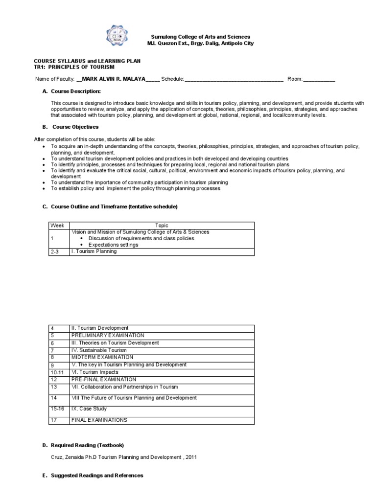 Syllabus - Tourism Planning & Dev | PDF | Tourism | Lecture