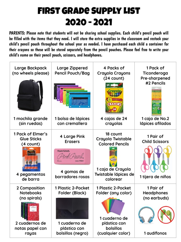 First Grade Supply List 2020-2021 | PDF | Tools | Art Materials