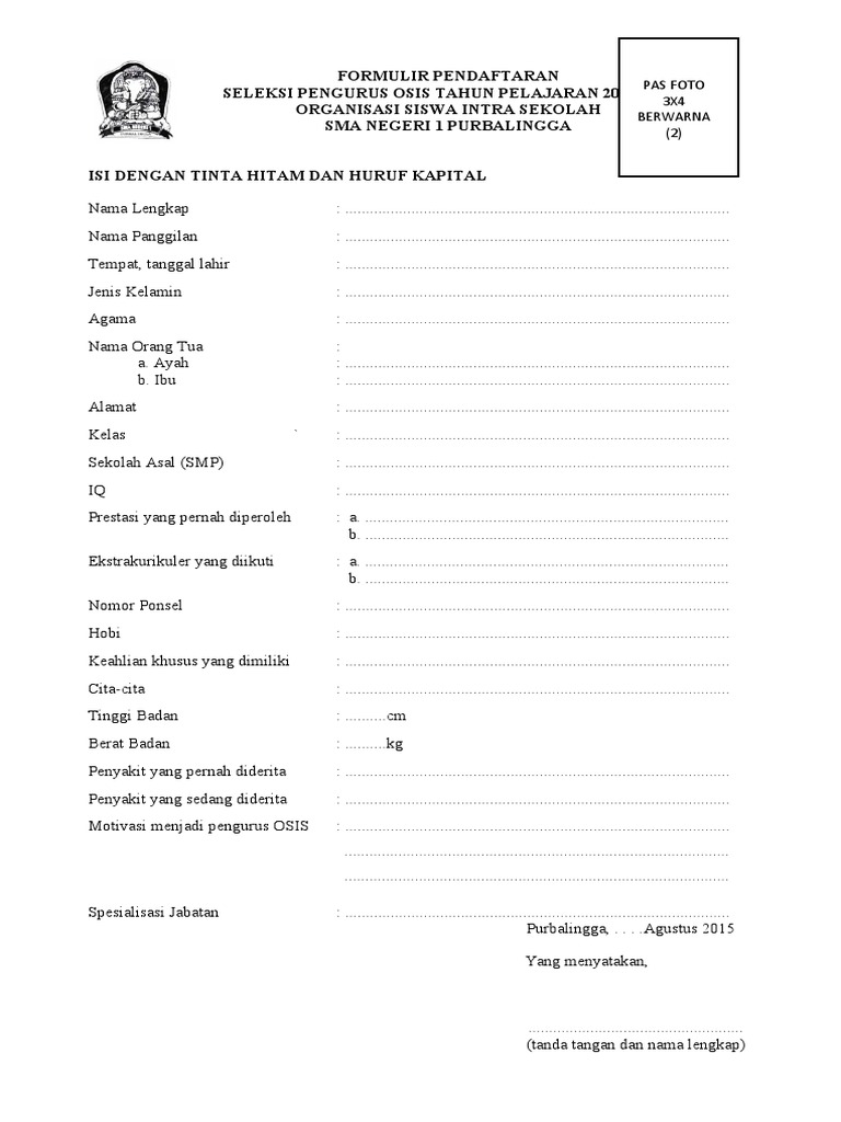 Formulir Pendaftaran Part Pengurus Osis 15-16 | PDF