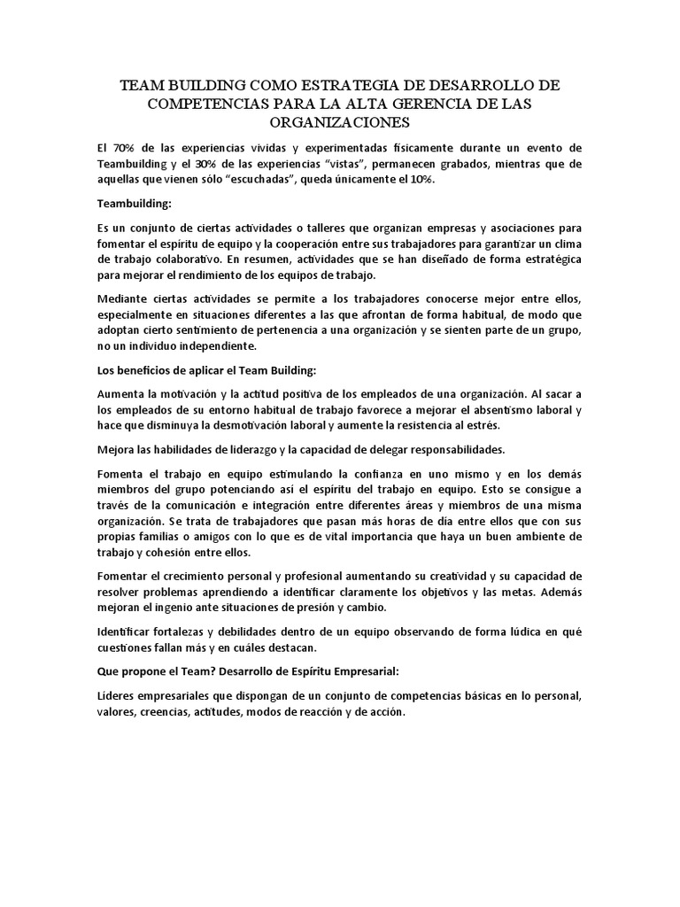 Team Building Como Estrategia de Desarrollo de Competencias para La Alta Gerencia de Las ...