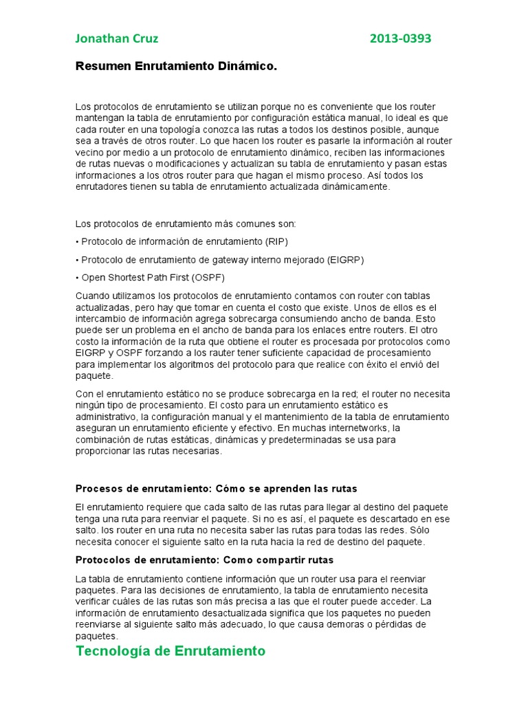 Resumen Enrutamiento Dinámico | PDF | Enrutador (Computación) | Protocolos de internet