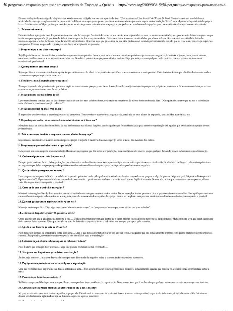 50 Perguntas e Respostas para Usar em Entrevistas de Emprego | PDF ...