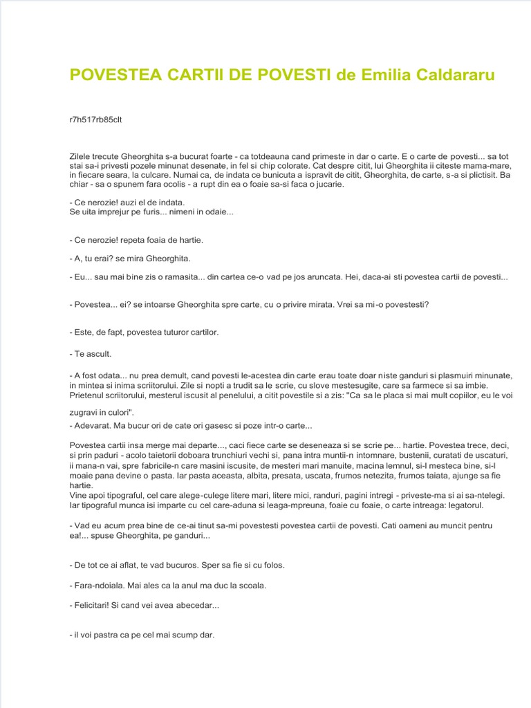 Dokumen - Tips - Povestea Cartii de Povesti de Emilia Caldararu | PDF