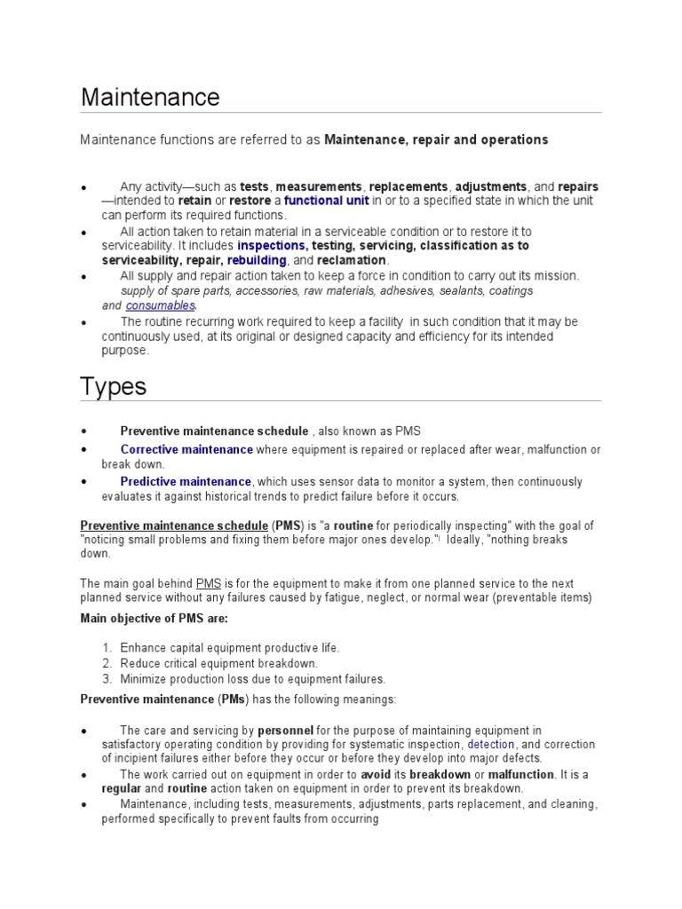 Maintenance: Maintenance Functions Are Referred To As Maintenance ...