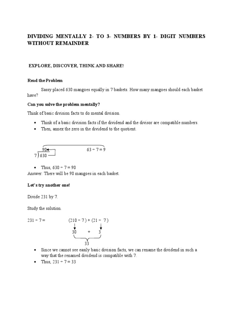 Dividing Mentally 2-To 3 - Numbers by 1 - Digit Numbers Without ...