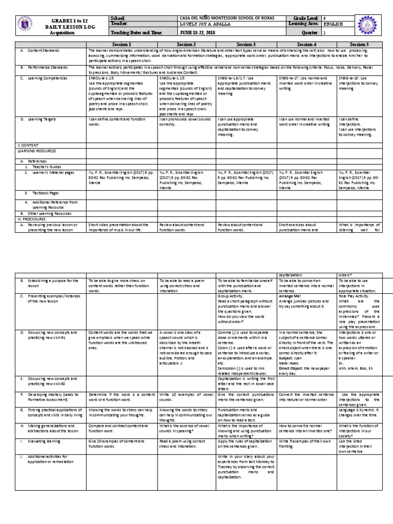 Grade 9 DLL ENGLISH 9 Q1 Week 2 | PDF | Word | Punctuation