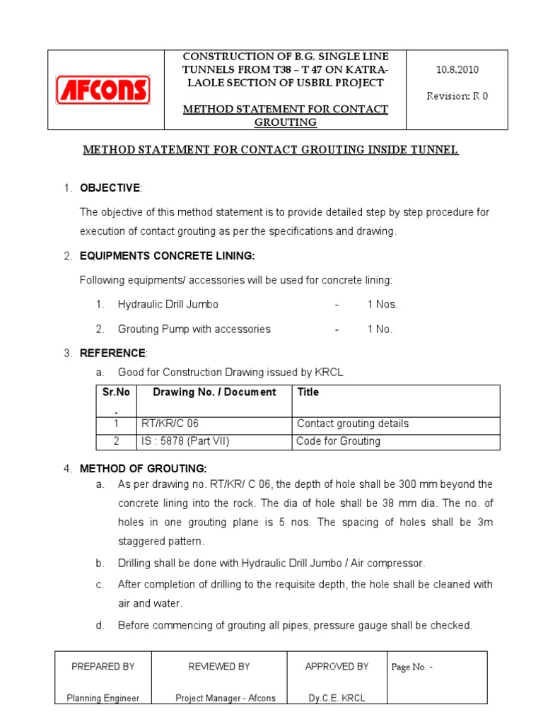Method Statement For Grouting | PDF | Chemical Engineering | Gas Technologies