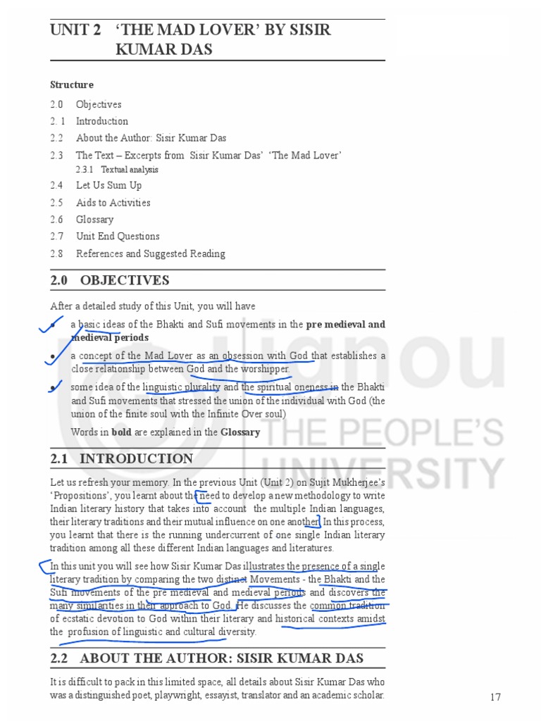 Unit 2 The Mad Lover' by Sisir Kumar Das: 2.0 Objectives | PDF | Sufism | Bhakti