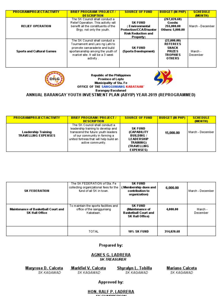 Annual Barangay Youth Investment Plan (Abyip) Year-2019 (Reprogrammed ...