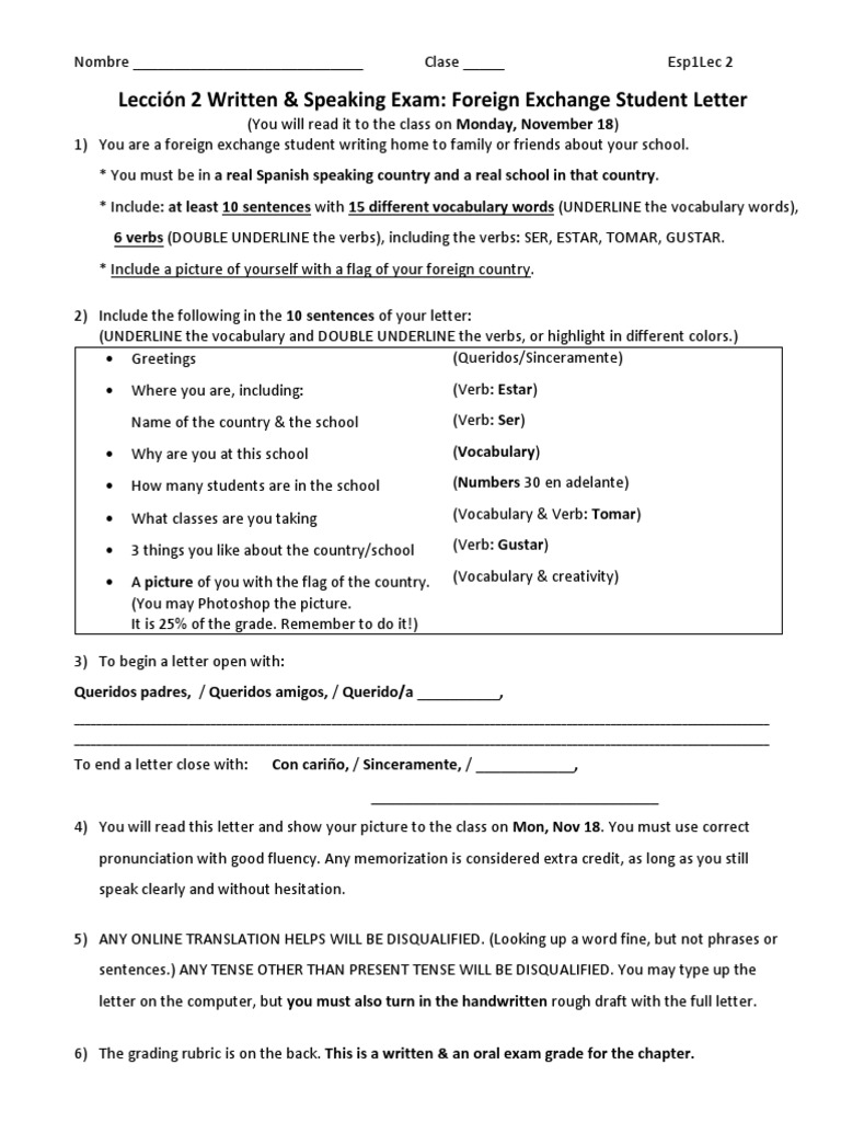 L02 - Foreign Exchange Student Letter Oral-Written Presentation | PDF ...