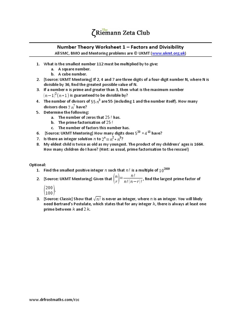 Number Theory Worksheet 1 - Factors and Divisibility | PDF ...