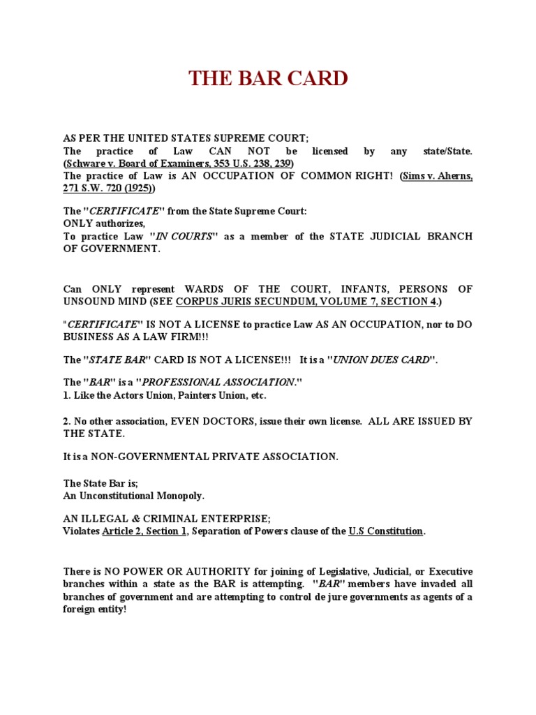 The Bar Card: "Certificate" Is Not A License To Practice Law As An ...