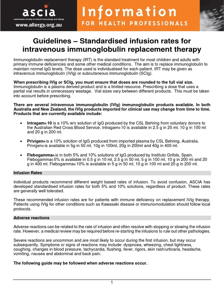ASCIA Guidelines IVIG Infusion Rates 2018 | PDF | Clinical Medicine ...