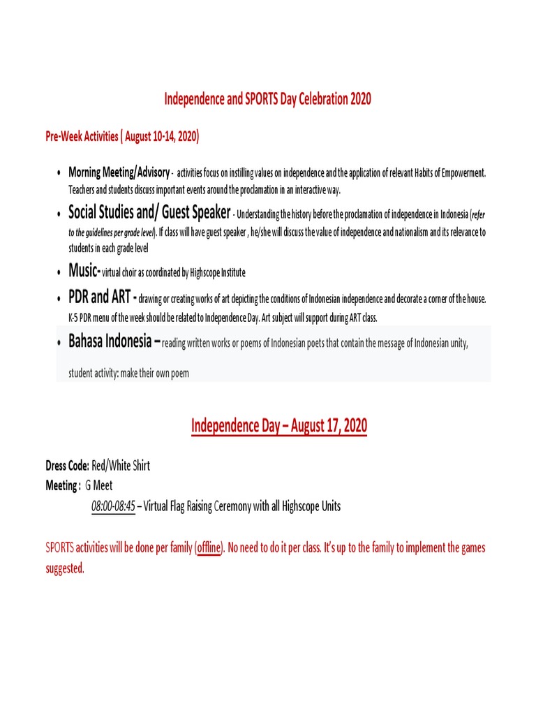 Independence & Sports Day 2020 Events | PDF