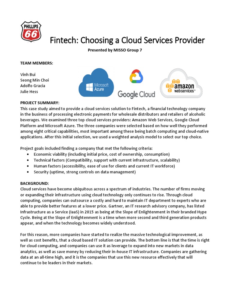 Fintech: Choosing A Cloud Services Provider: Presented by MISSO Group 7 Team Members | PDF ...