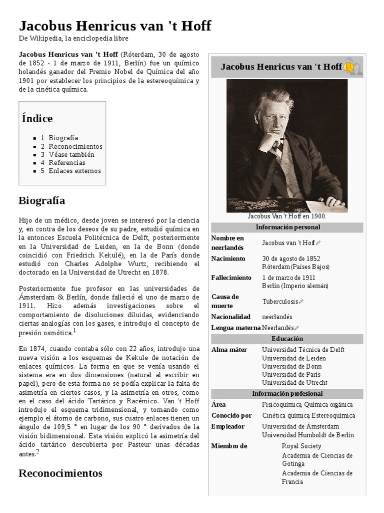Jacobus Henricus Van 'T Hoff | PDF | Química | Ciencias fisicas