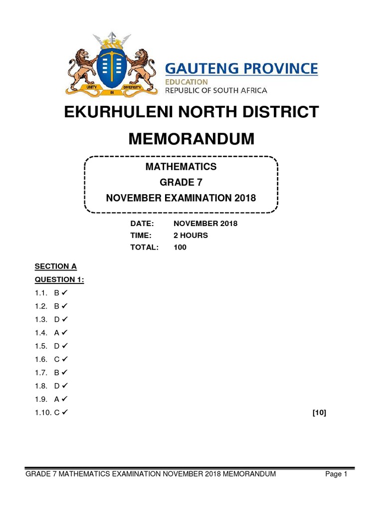 Ekurhuleni North District Memorandum: Mathematics Grade 7 November ...