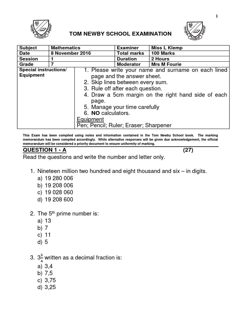 Grade 7 Mathematics Exam Paper 2016 | PDF | Triangle | Euclidean Geometry