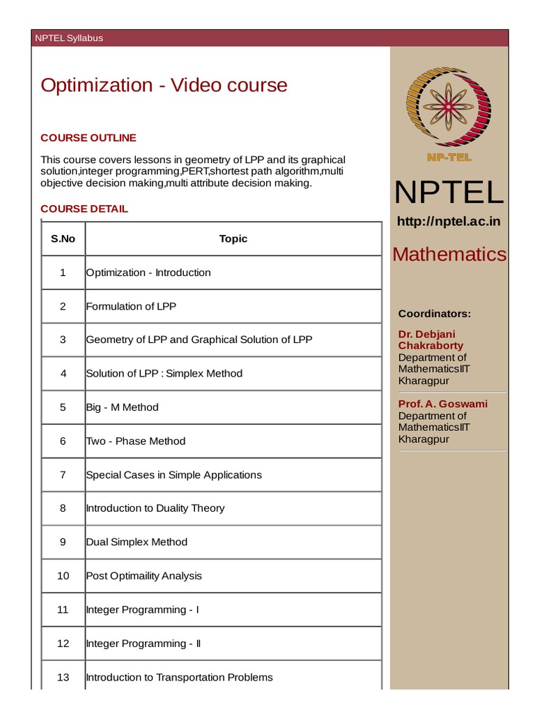 Nptel: Optimization - Video Course | PDF | Nonlinear Programming | Mathematical Optimization