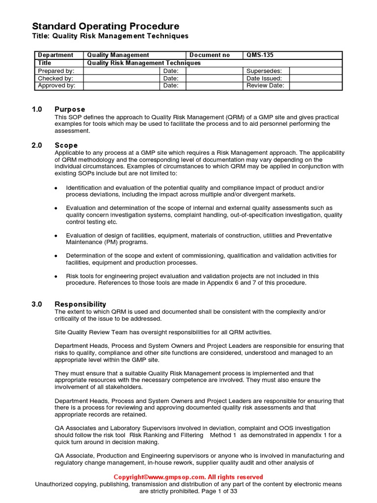 Standard Operating Procedure Pharmaceutical Quality Risk Management ...
