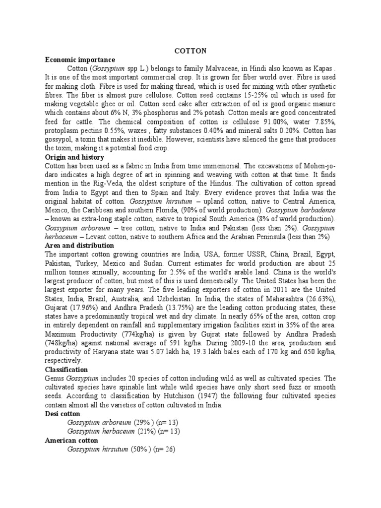 Cotton Economic Importance | PDF | Cotton | Genetically Modified Crops