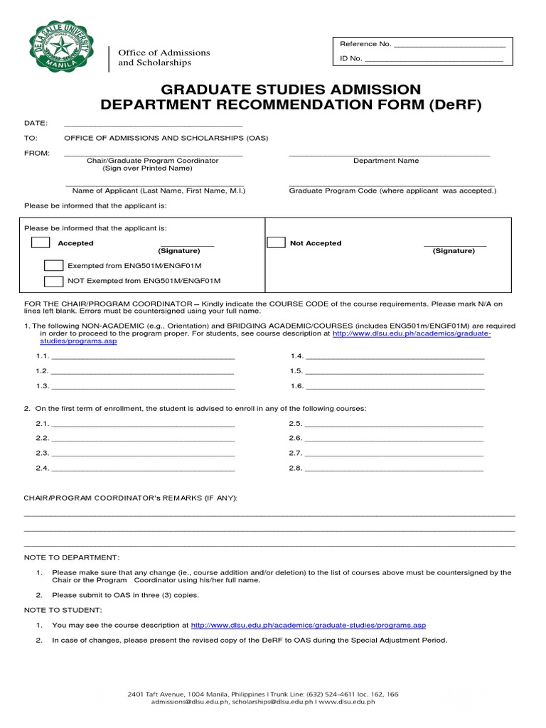 Graduate Studies Admission Department Recommendation Form (Derf) | PDF | Graduate School | Academia