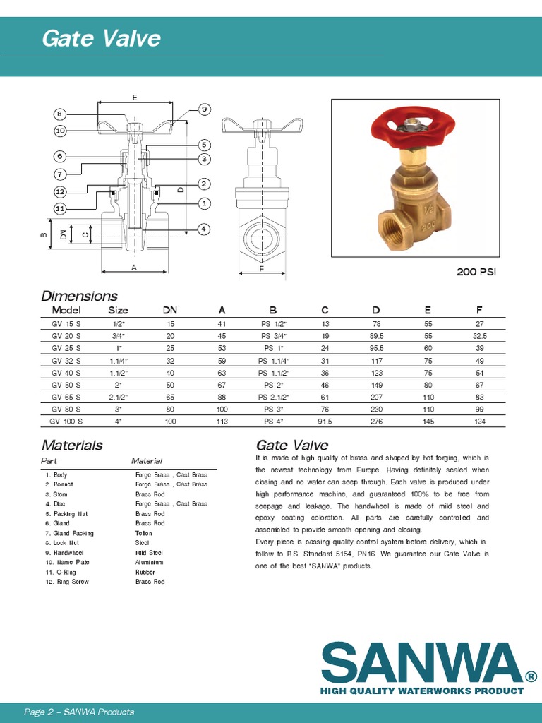Sanwa Gate Valve Specifications and Materials | PDF | Valve ...